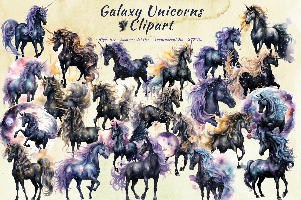 Mystical Galaxy Unicorn SVG PNG Clipart Collection Dark Celestial Night ...
