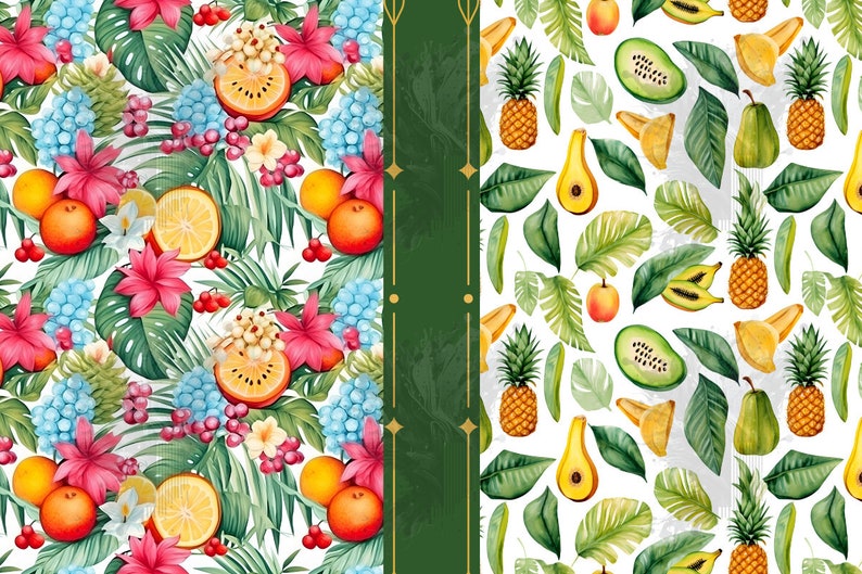 Tropical Fruits Seamless Patterns Digital Paper Pack Summer, Fruit ...