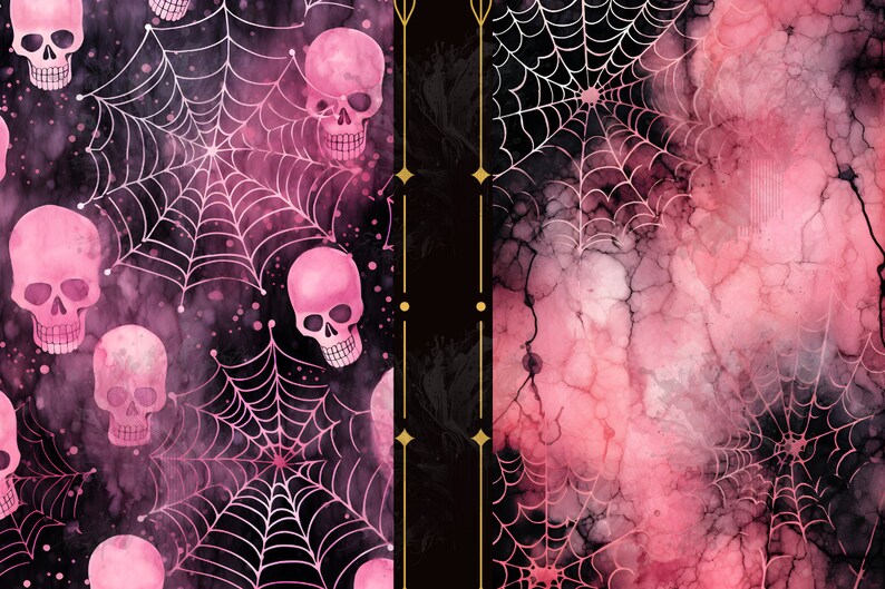 Pink and Black Halloween Digital Paper Pack Pink Skull, Pumpkin, Damask ...
