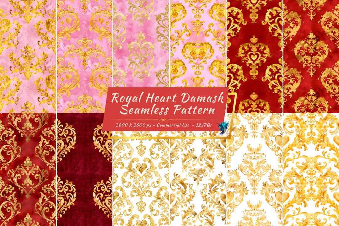 Royal Heart Valentine Damask Seamless Digital Paper Set Damask Heart ...