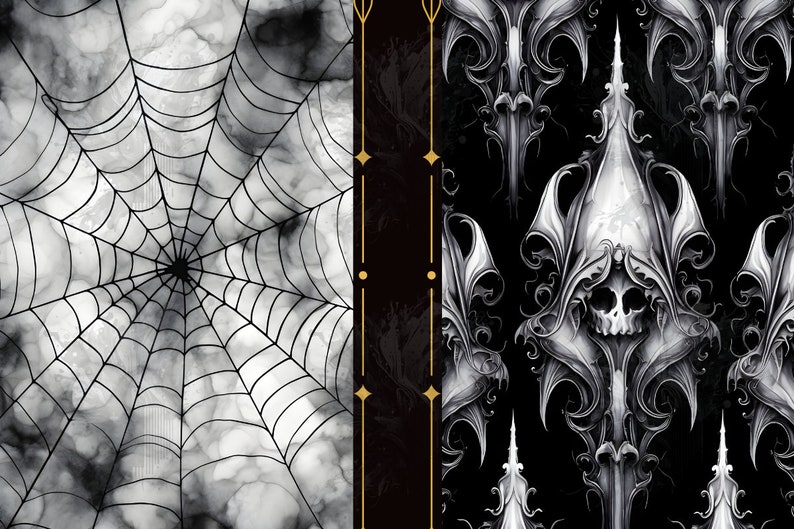 Black and White Gothic Digital Paper Pack Skull, Cobweb, Damask ...