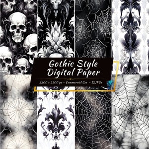 Black and White Gothic Digital Paper Pack Skull, Cobweb, Damask ...