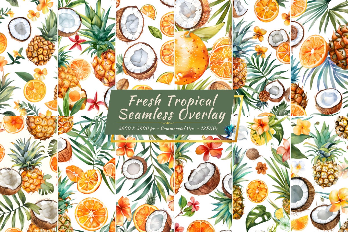 Tropical Fruits Seamless Overlay Collection Transparent Background ...
