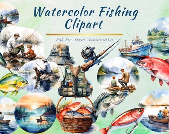 Watercolor Fishing Clipart Clip Art Digital Png Hand Drawn - Etsy