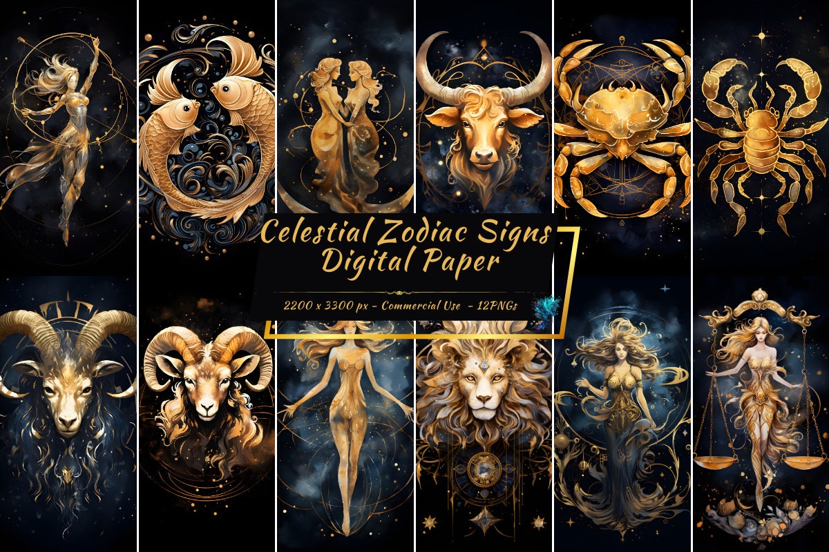 Celestial Zodiac Digital Paper Pack Mystical Astrology, Horoscope ...
