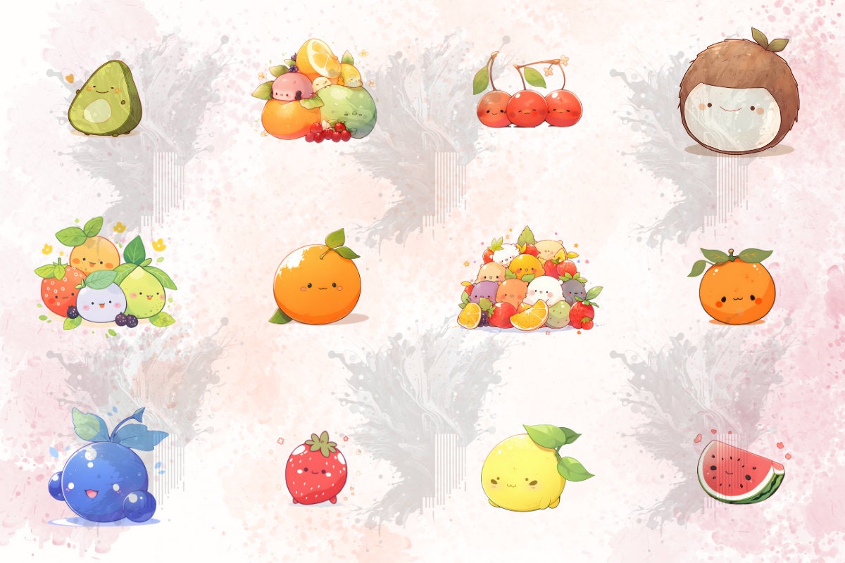 Kawaii Fruit SVG PNG Clipart Set Cute, Chibi Anime Style Strawberry ...