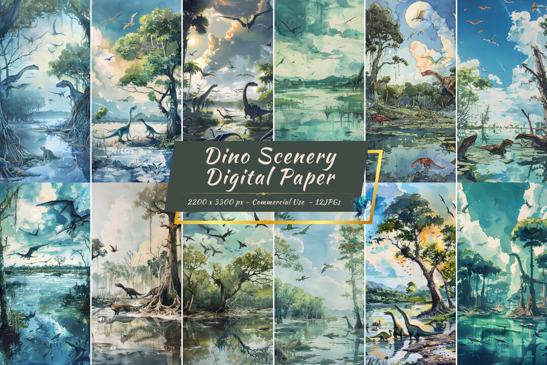 Prehistoric Dinosaur Digital Paper Collection Watercolor Dino Scenery ...