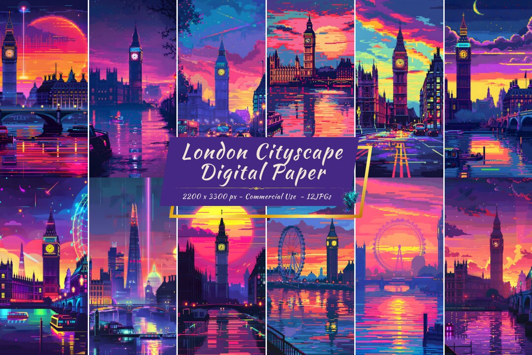 Pixelated London Digital Paper Collection Sunset in London Backgrounds ...