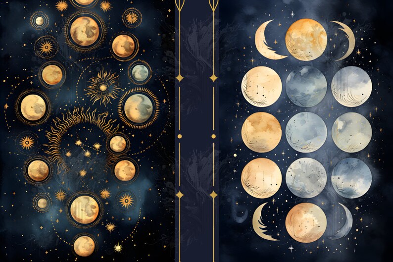Celestial Moon Phases Digital Paper Pack Enchanting Lunar Designs and ...
