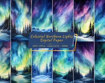 Watercolor Aurora Borealis Digital Paper, Northern Lights Backgrounds ...
