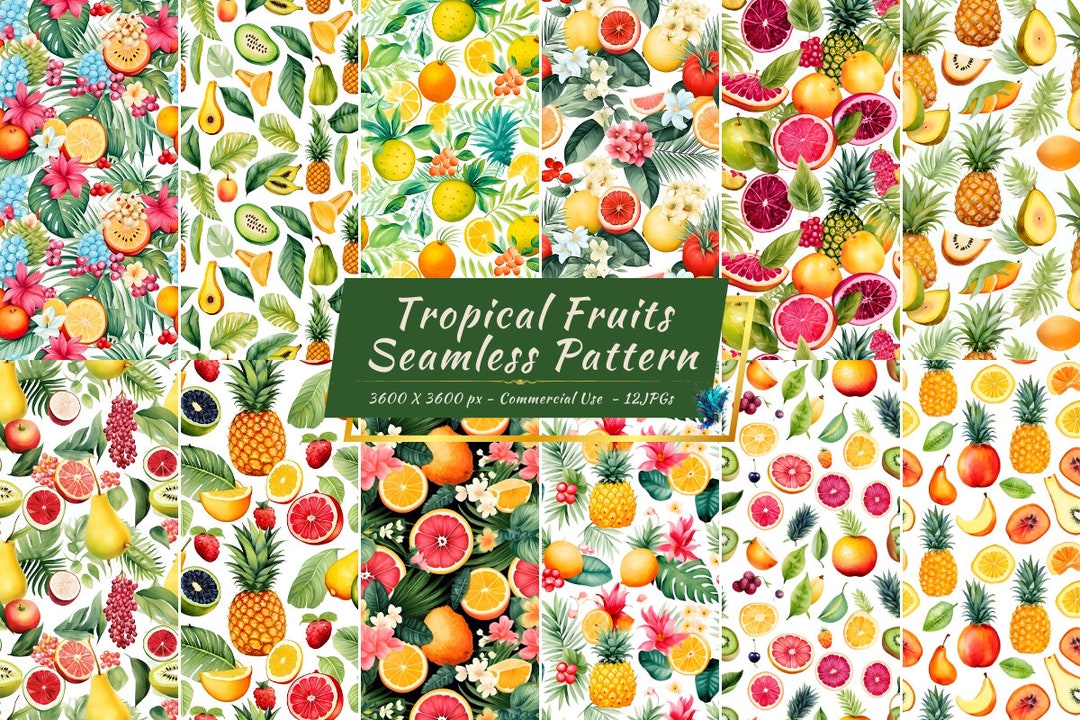 Tropical Fruits Seamless Patterns Digital Paper Pack Summer, Fruit ...