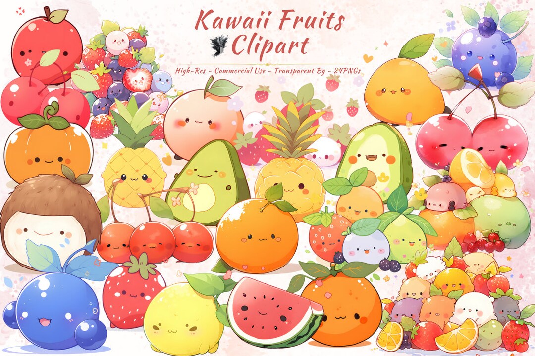 Kawaii Fruit SVG PNG Clipart Set Cute, Chibi Anime Style Strawberry ...