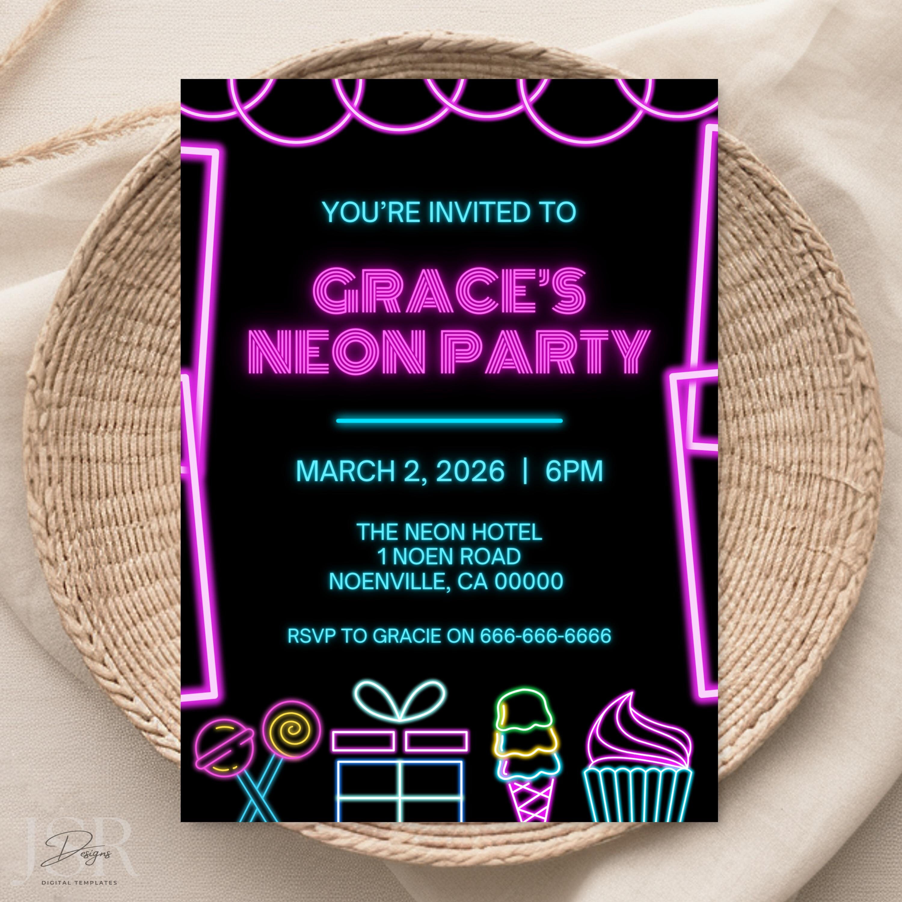 Neon Birthday Invitation, Neon Party Invitation, Neon Invite, Kids Neon ...