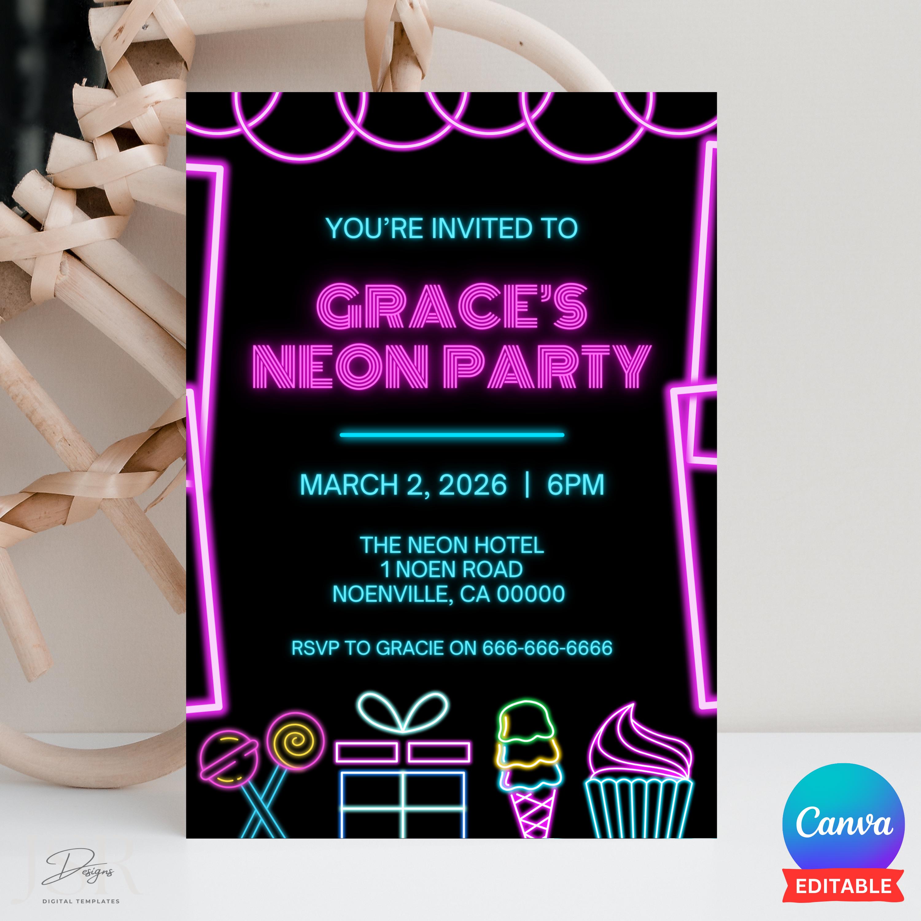 Neon Birthday Invitation, Neon Party Invitation, Neon Invite, Kids Neon ...