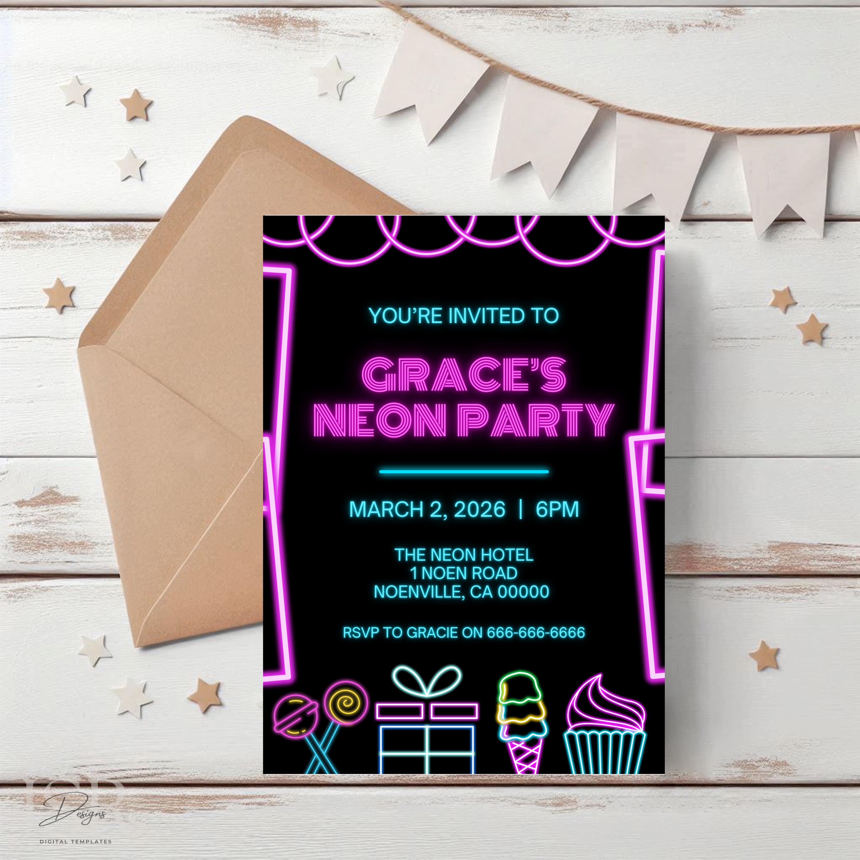 Neon Birthday Invitation, Neon Party Invitation, Neon Invite, Kids Neon ...