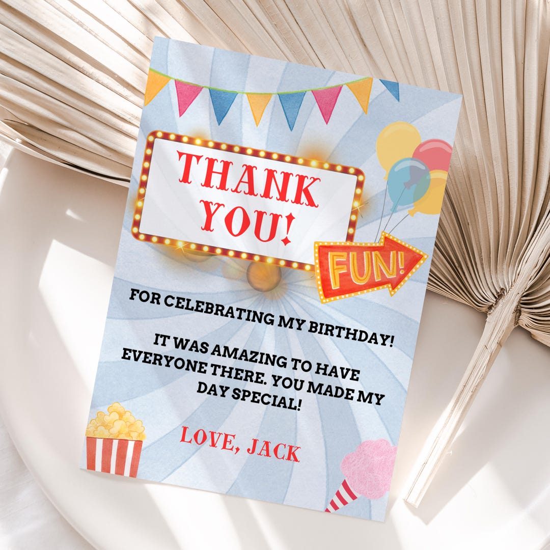 Editable Circus Thank You Card Carnival Party Decorations Circus Theme ...