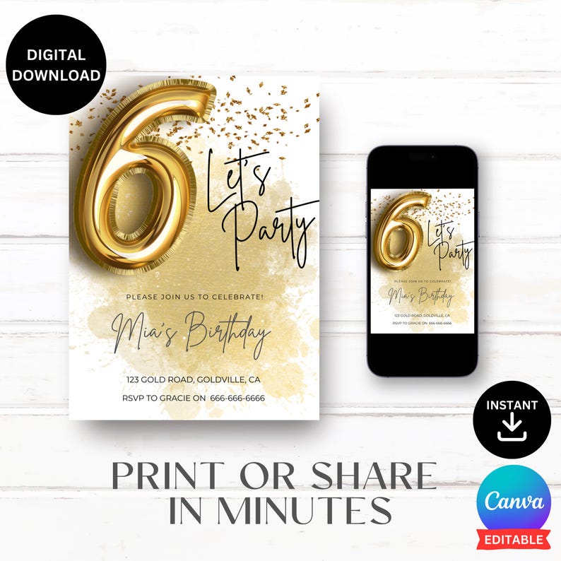 Editable 6th Party Invitation Sixth Birthday Invite Gold Balloon Theme ...