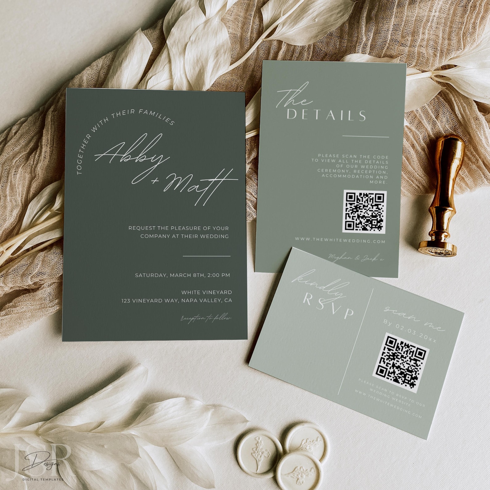 Sage Green Wedding Invite Suite QR Code Boho Winter Forest Wedding ...