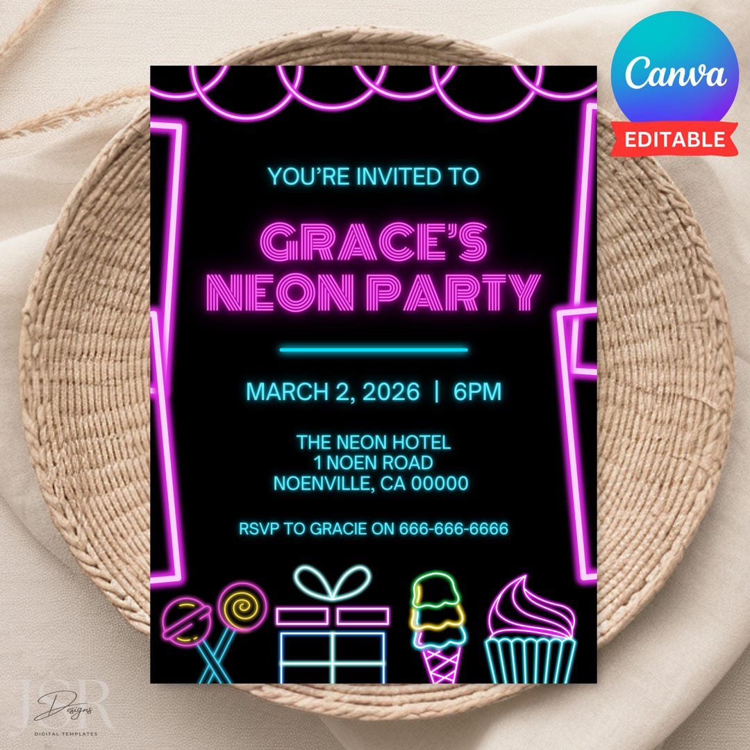 Neon Party Invite Neon Birthday Invite Neon Birthday Invitation Neon ...