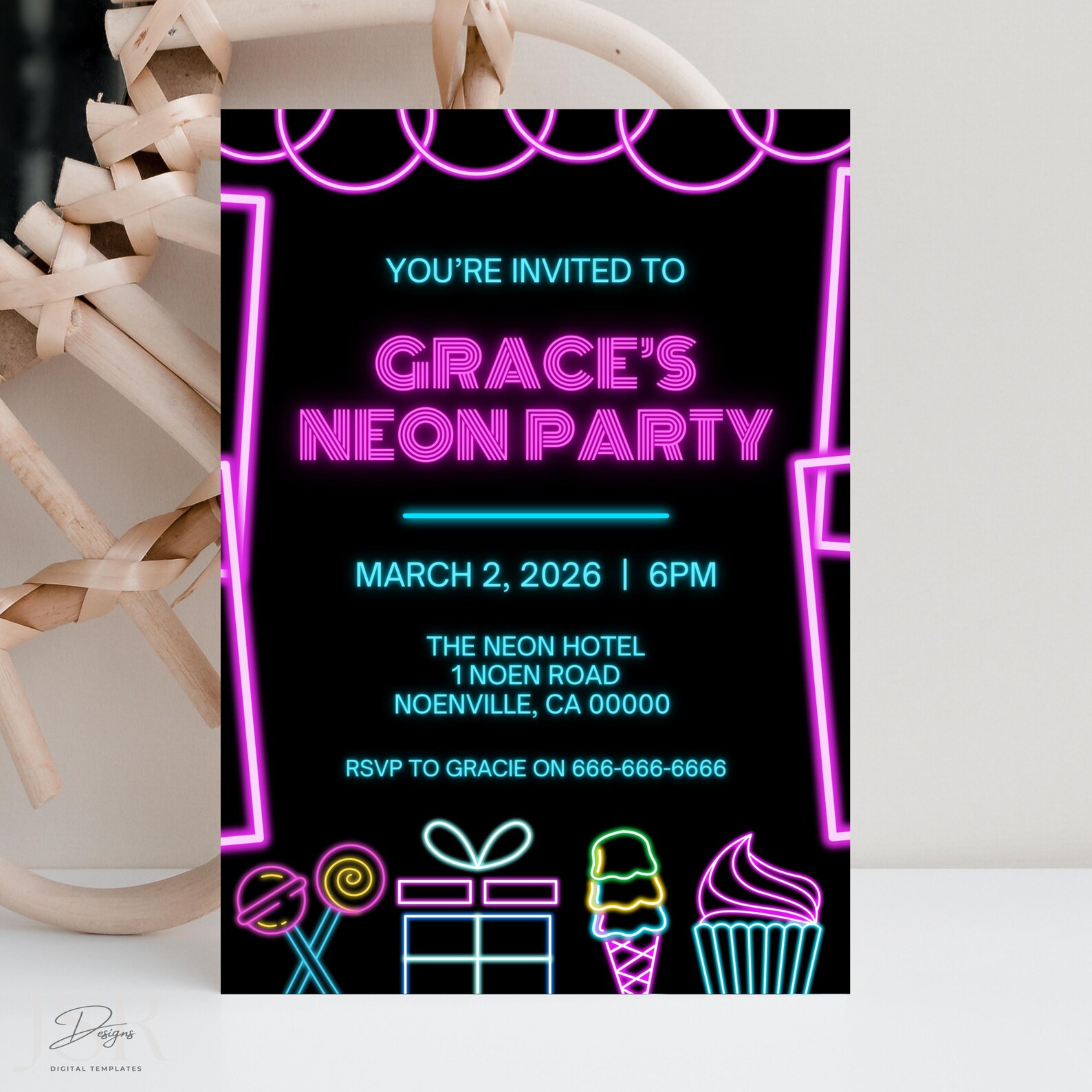 Neon Birthday Invitation, Neon Party Invitation, Neon Invite, Kids Neon ...