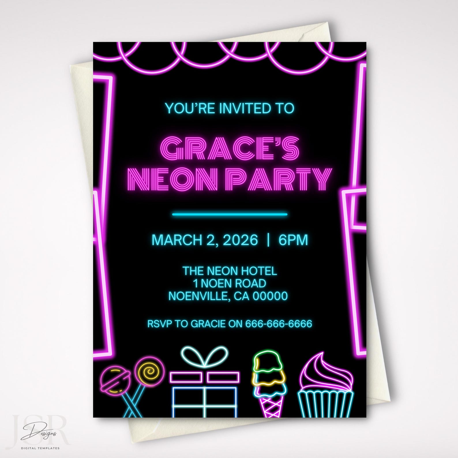 Neon Birthday Invitation, Neon Party Invitation, Neon Invite, Kids Neon ...