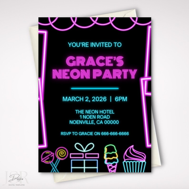 Neon Birthday Invitation, Neon Party Invitation, Neon Invite, Kids Neon ...