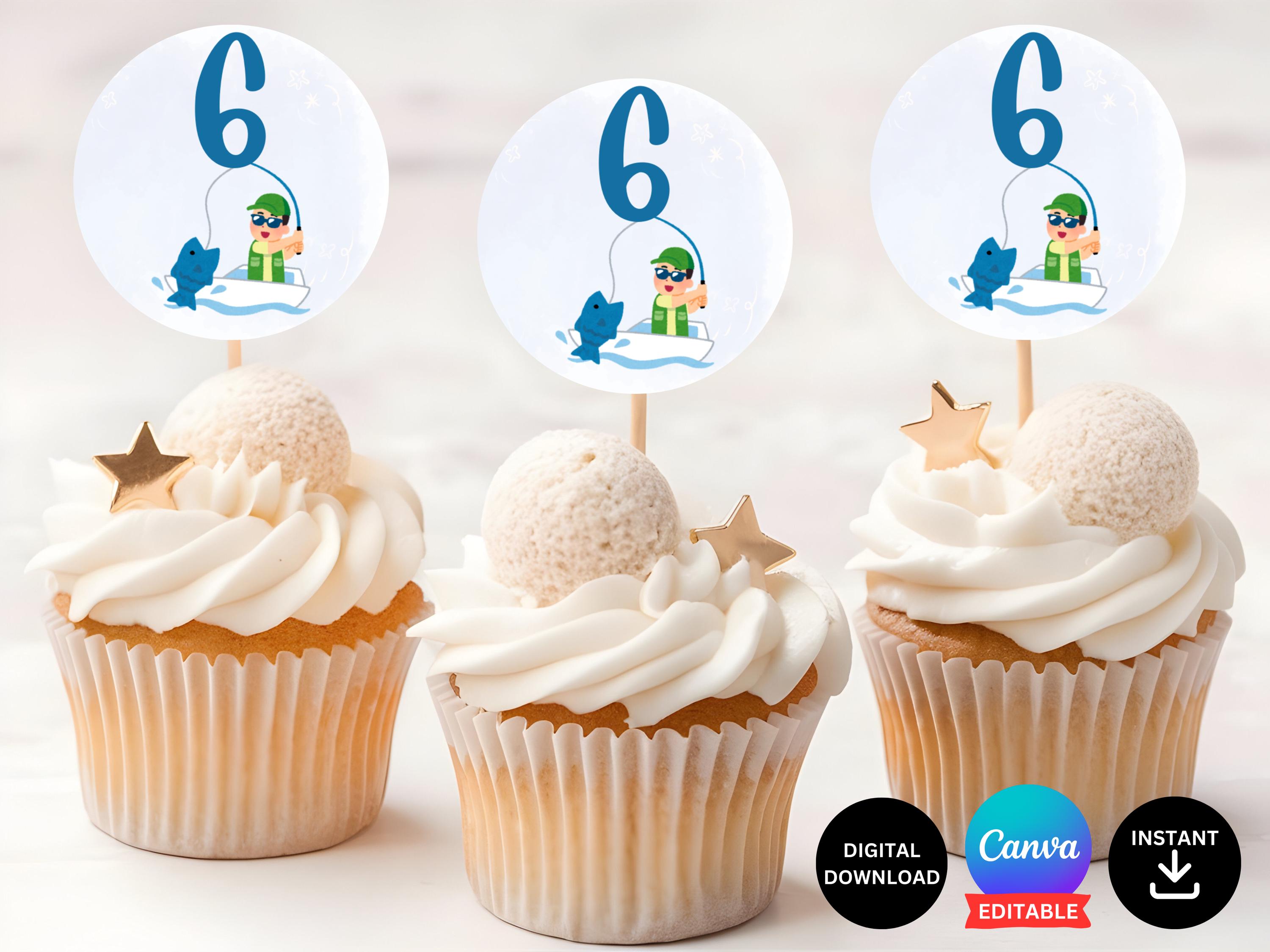 Editable Fishing Cupcake Toppers Lake Party Cake Toppers Fish Theme ...