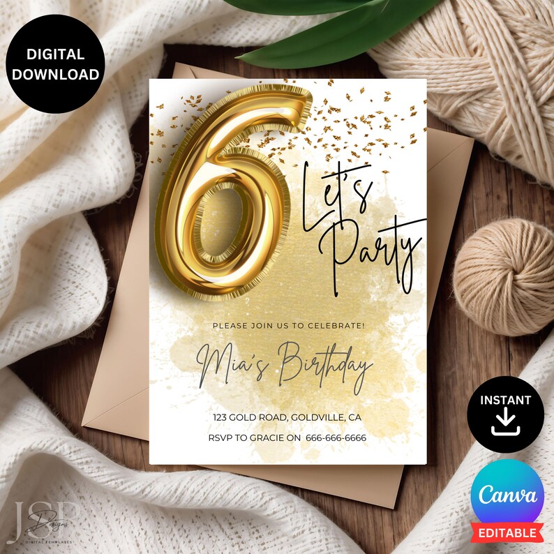 Editable 6th Party Invitation Sixth Birthday Invite Gold Balloon Theme ...