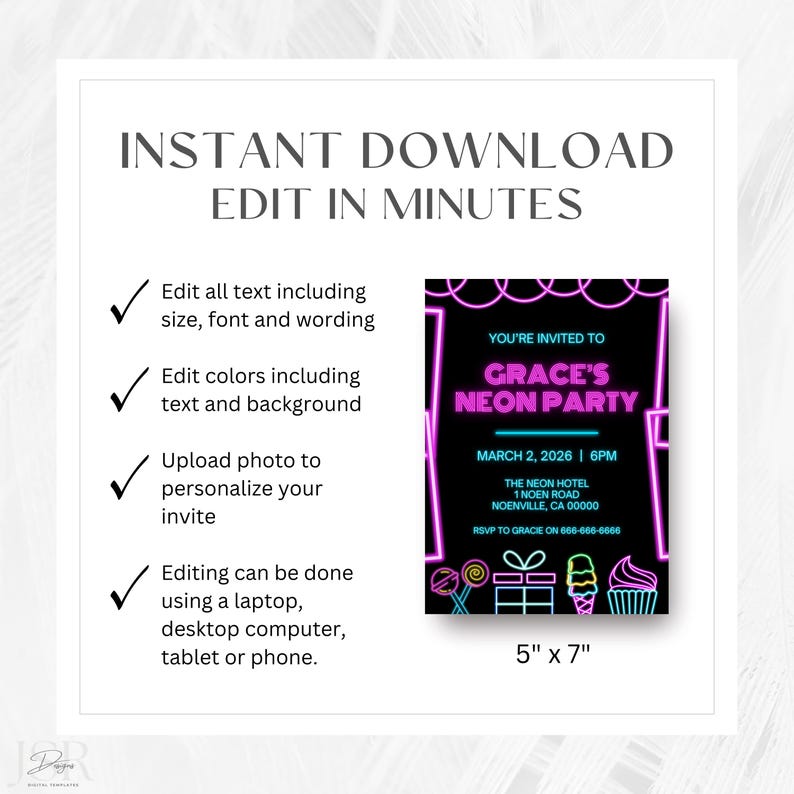 Neon Birthday Invitation, Neon Party Invitation, Neon Invite, Kids Neon ...