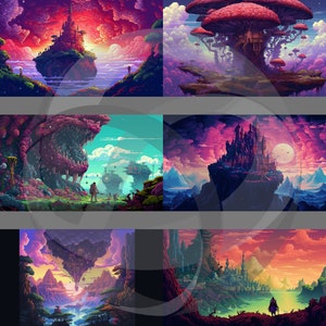 Fantasy Worlds Pixel Art Collection, Pixel Landscapes, Unique Png ...