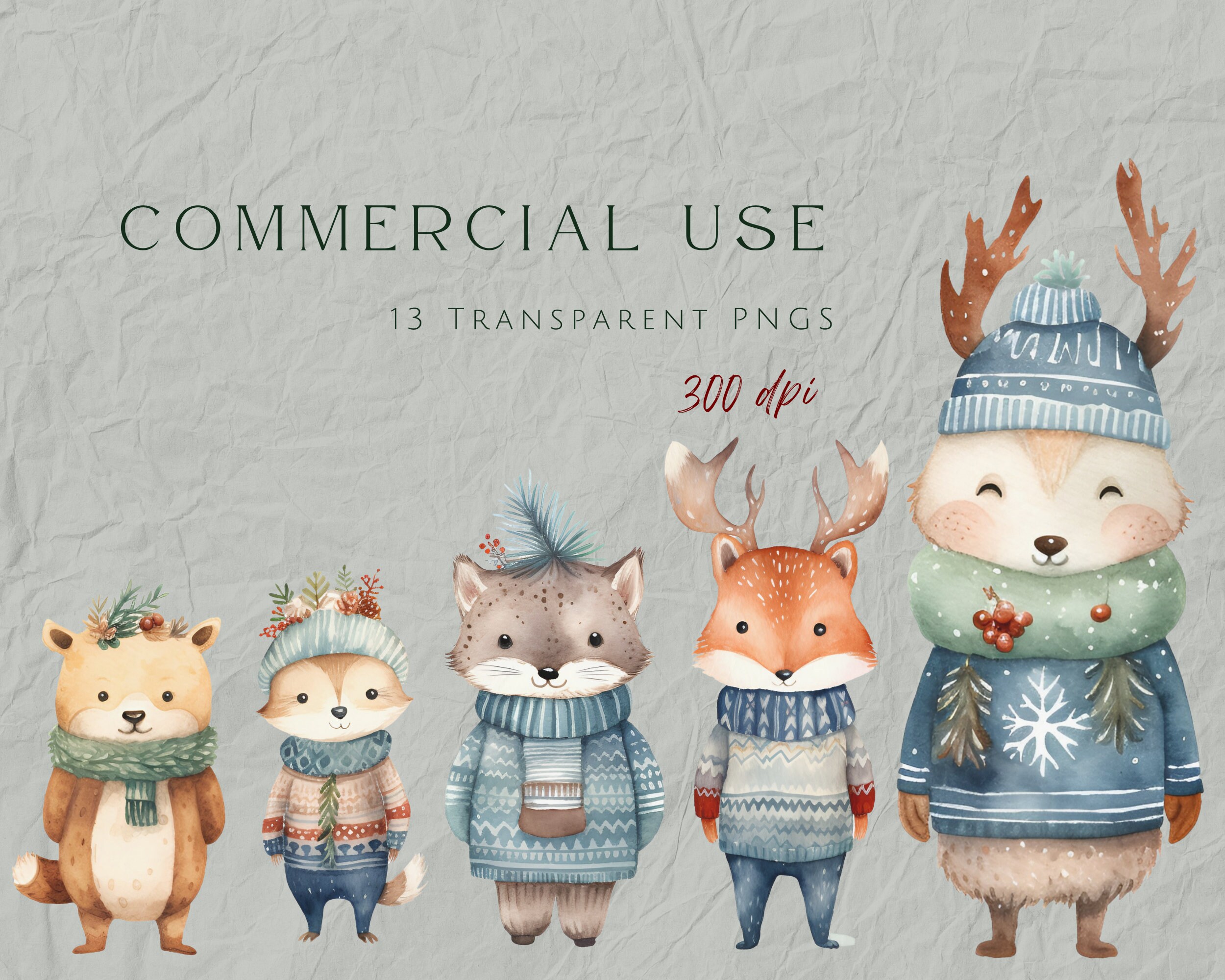 Christmas Woodland Animals Clipart Watercolor Holiday Clipart - Etsy