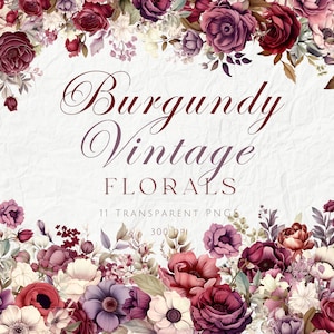 Burgundy Vintage Florals Clipart, Maroon Flower Bouquets, Commercial ...