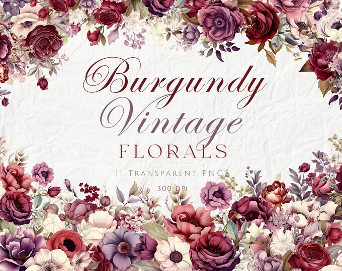 Maroon and Gold Floral Clipart, Rustic Wedding Bouquets and Botanical ...