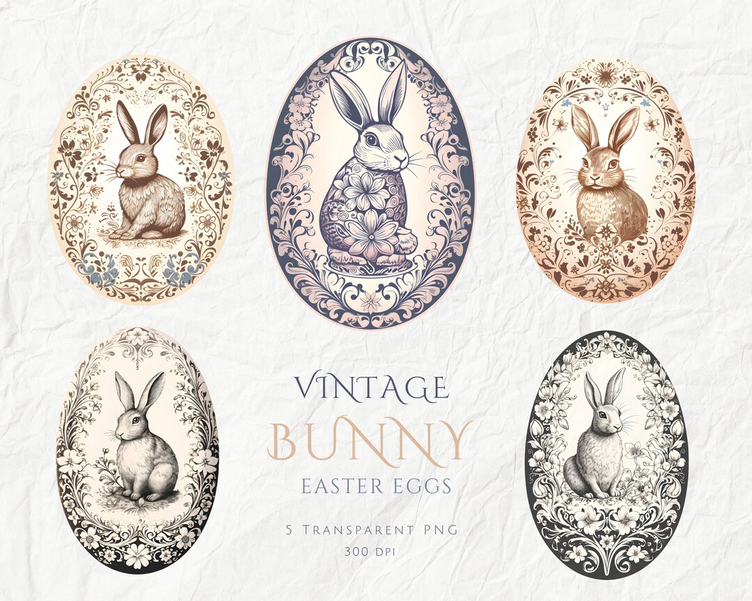 Vintage Bunny Easter Eggs Clipart Pack, Rustic Black and White Easter ...