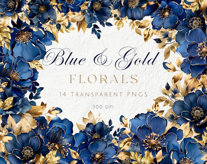 Blue and Gold Floral Clipart Cool Beautiful Wedding Rustic Navy Blue ...