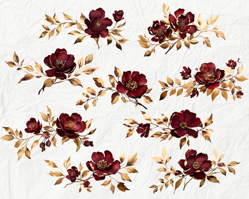 Red and Gold Floral Clipart, Elegant Floral Graphics for Invitations ...