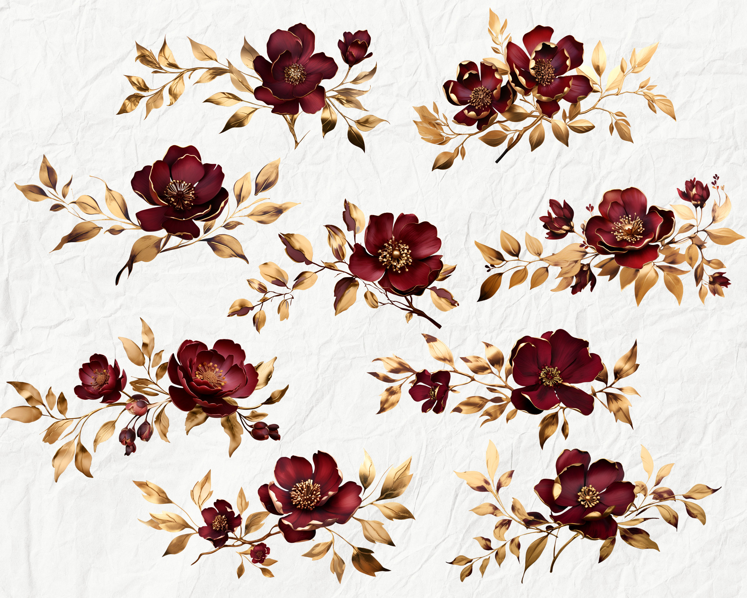 Red and Gold Floral Clipart, Elegant Floral Graphics for Invitations ...