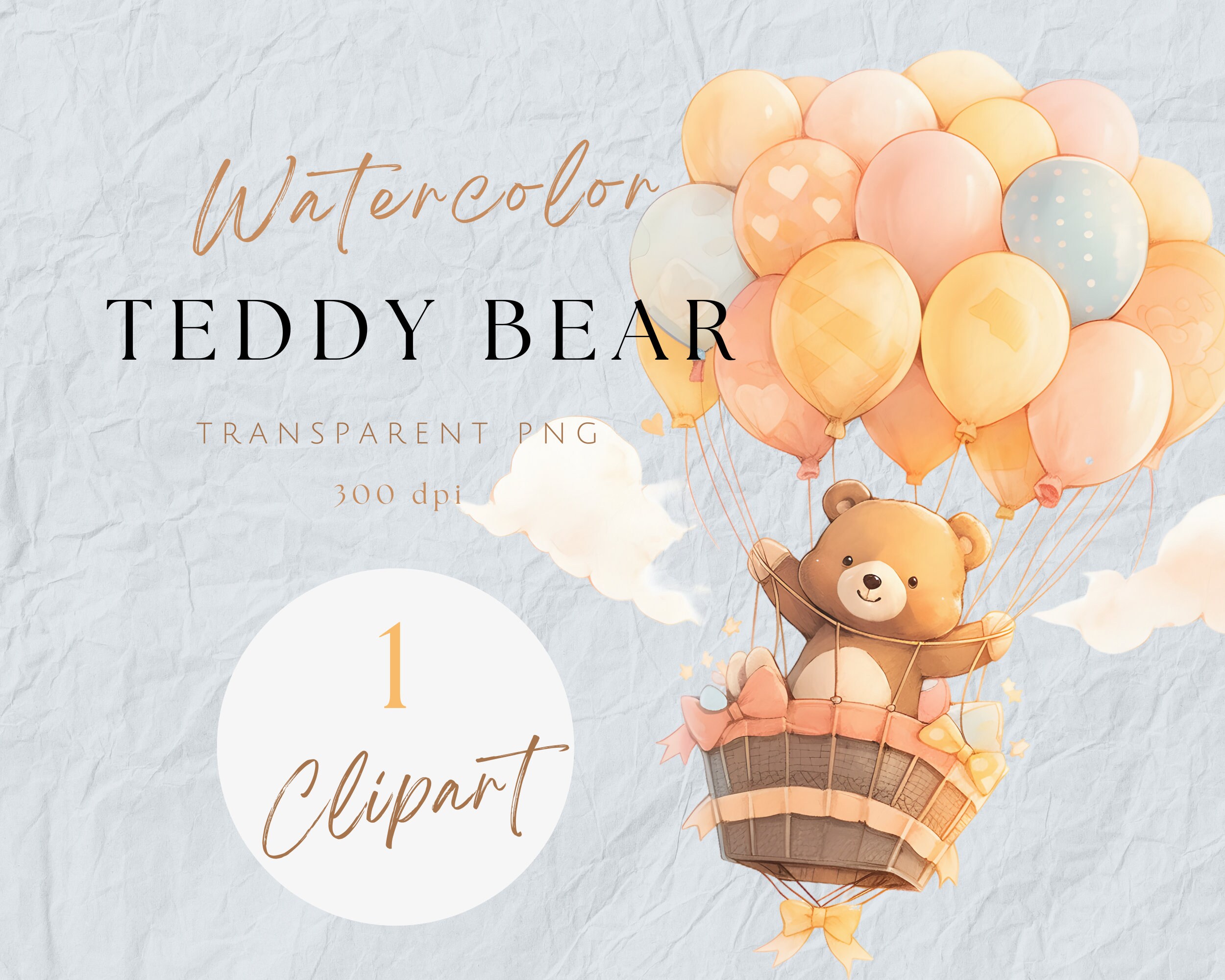 Watercolor Yellow Teddy Bear Clipart, Cute Teddy Bear With Hot Air ...
