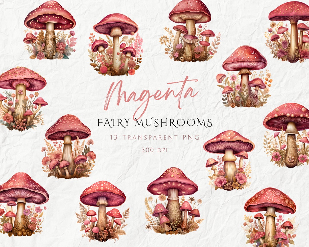 Magenta Pink Fairy Mushrooms Clipart Pack, Cute Fantasy Toadstools ...