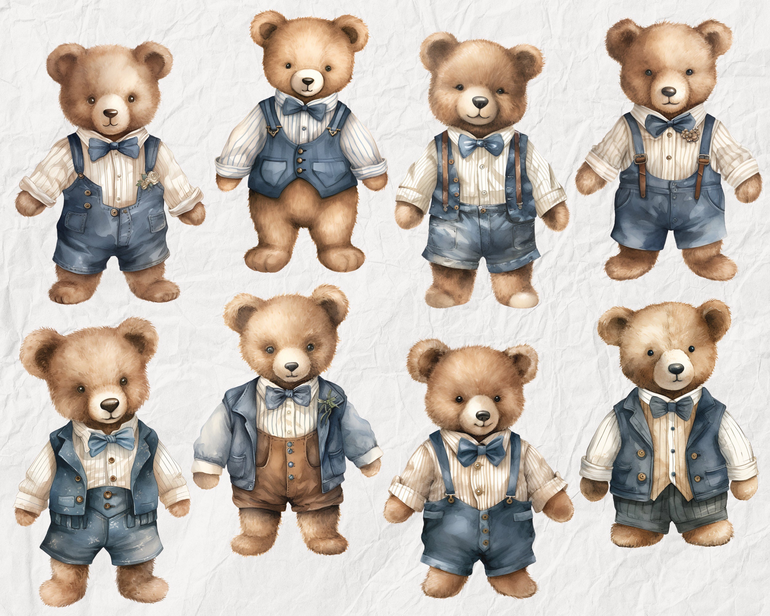Vintage Boy Teddy Bear Clipart, Watercolor Teddy Boy Nursery Clipart ...