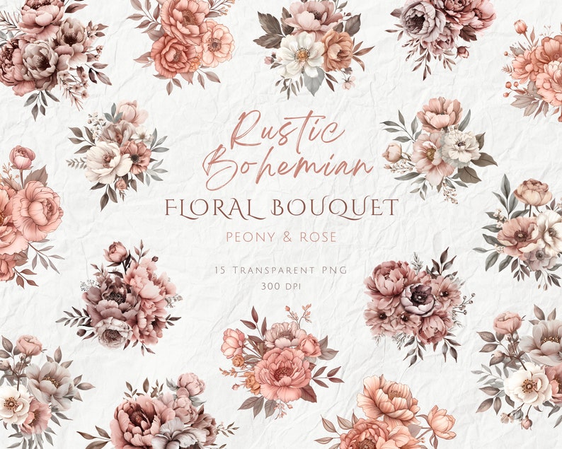 Rustic Boho Floral Bouquet Clipart Pack, Rose Peony Flower Bouquet ...