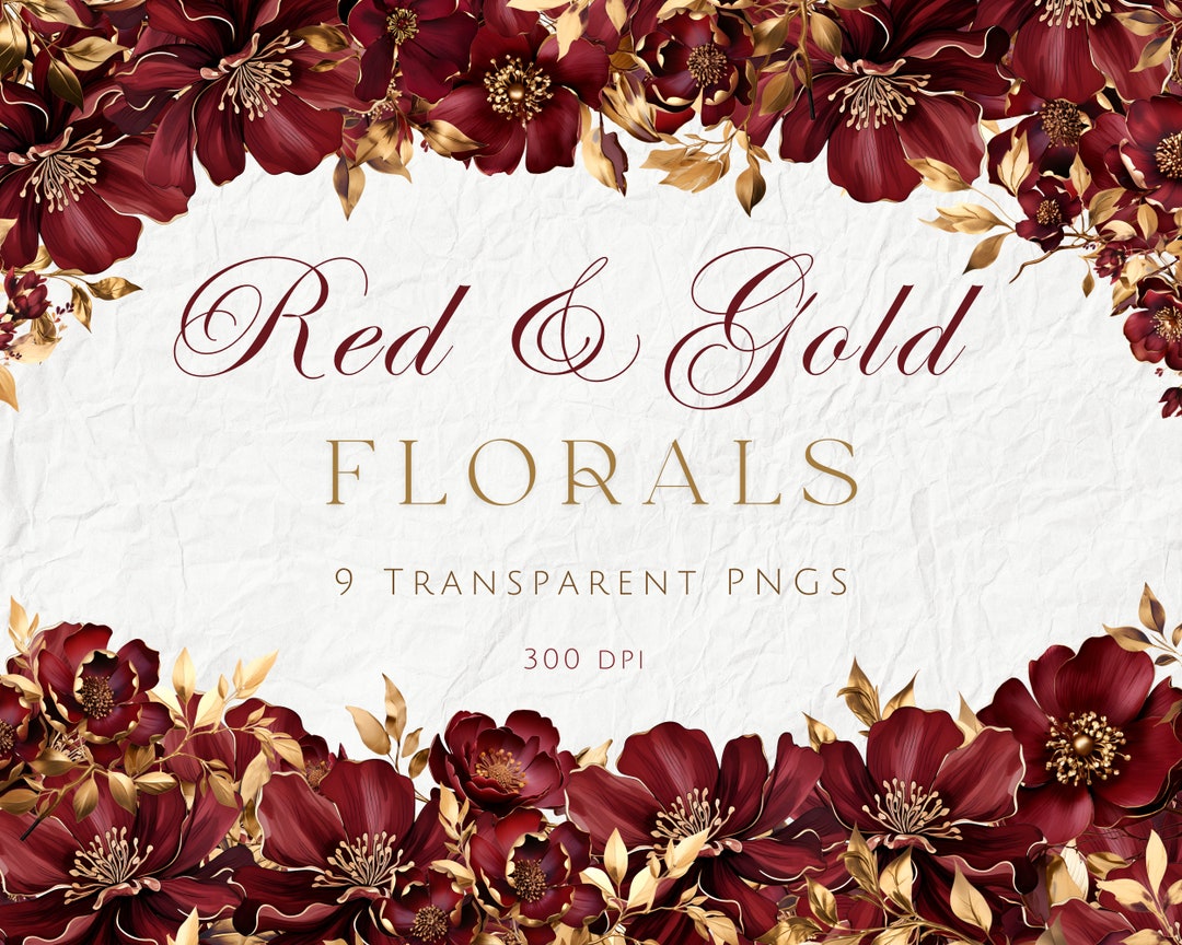 Red and Gold Floral Clipart, Elegant Floral Graphics for Invitations ...