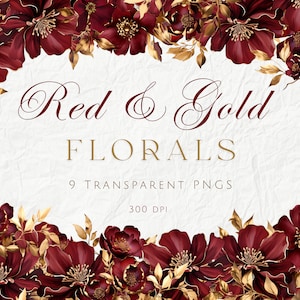 Red and Gold Floral Clipart, Elegant Floral Graphics for Invitations ...