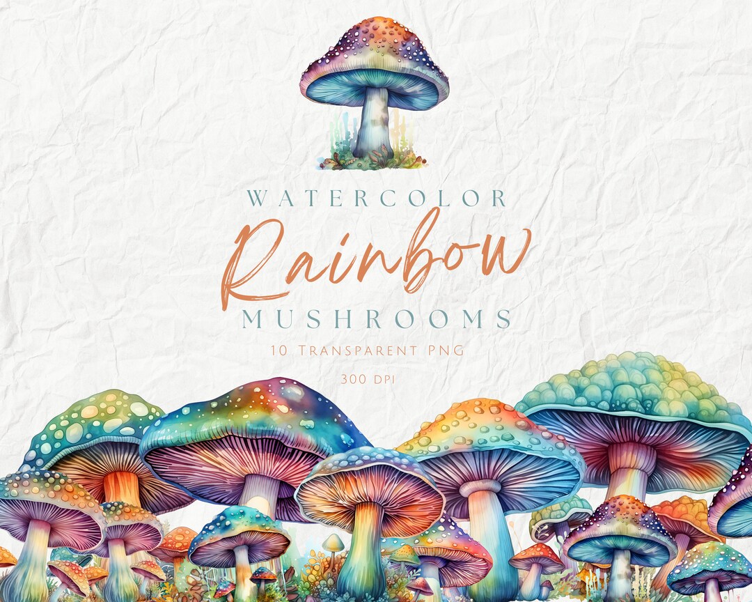 Watercolor Rainbow Mushrooms Clipart, Colorful Toadstools Clipart ...
