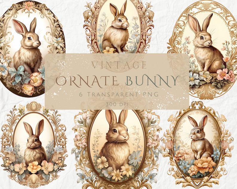 Vintage Ornate Bunny Clipart Pack, Vintage Victorian Easter Bunny ...