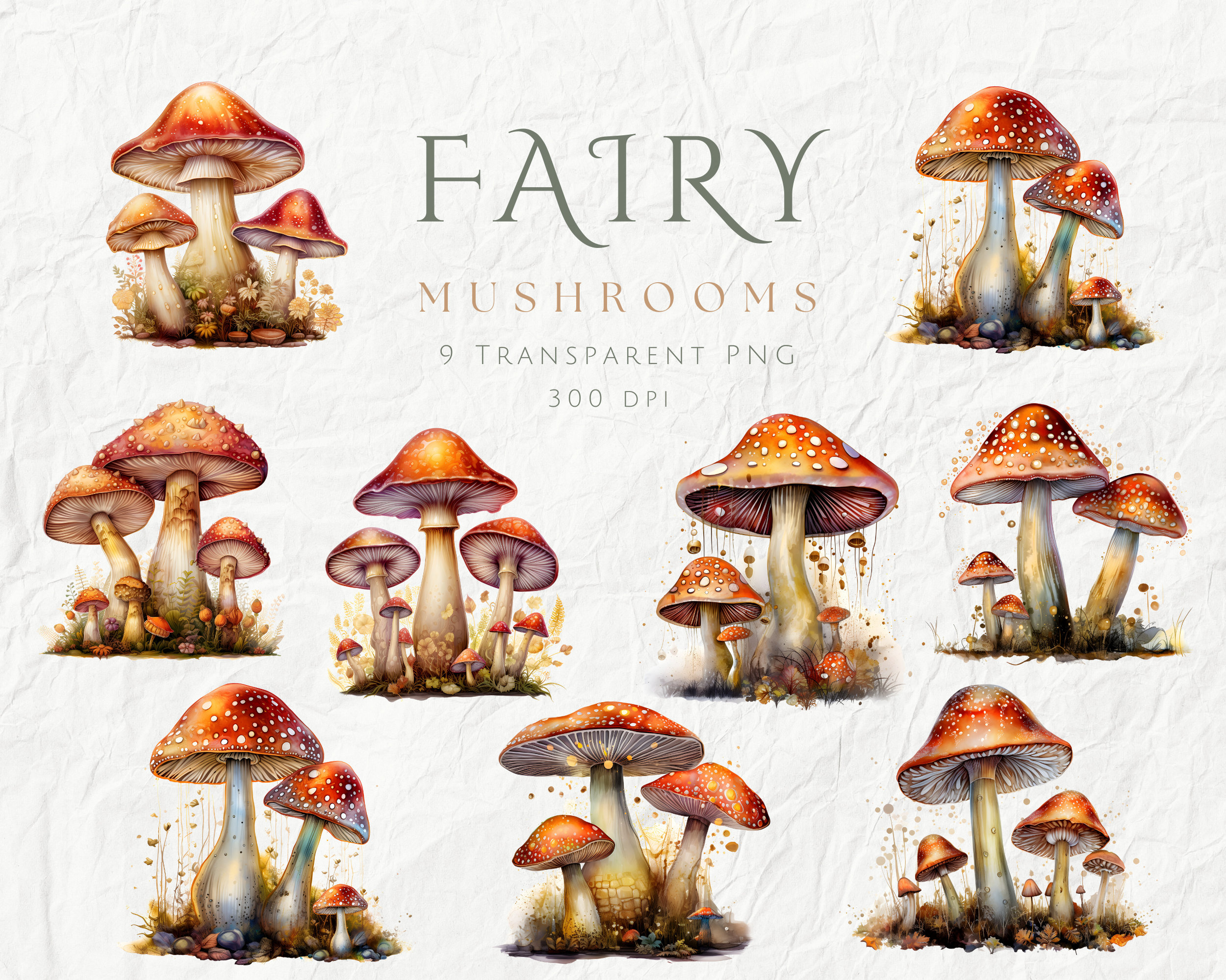 Fairy Mushrooms Clipart Pack, Fantasy Fairyland Toadstools PNG, Magical ...