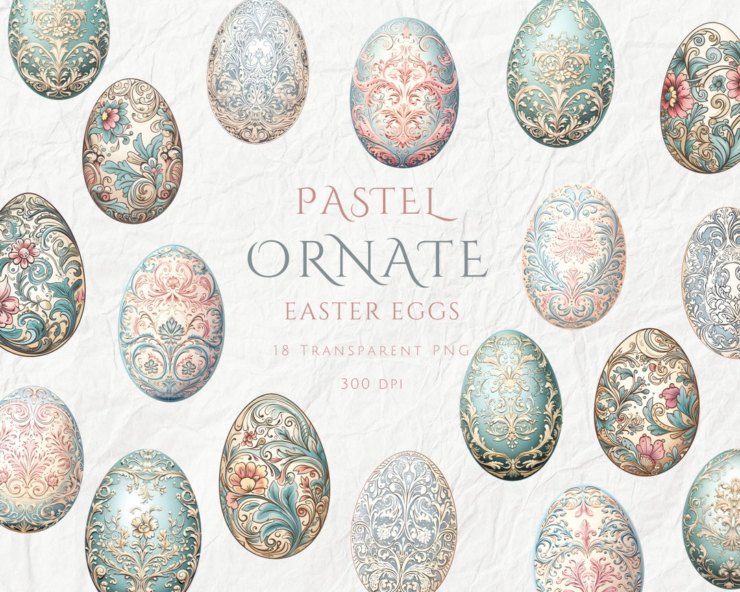 Assorted Pastel Ornate Easter Eggs Clipart Pack, Vintage Easter Eggs ...