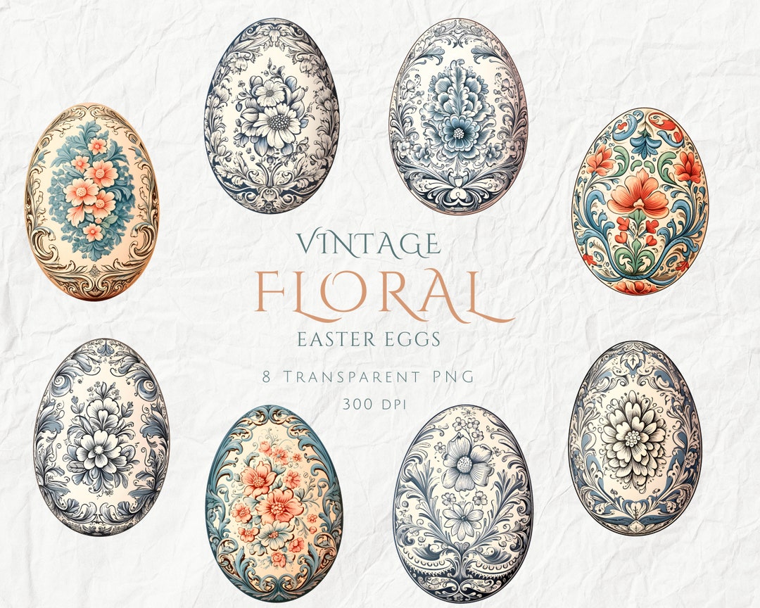 Vintage Florals Easter Eggs Clipart Pack, Rustic Decorative Easter Eggs ...