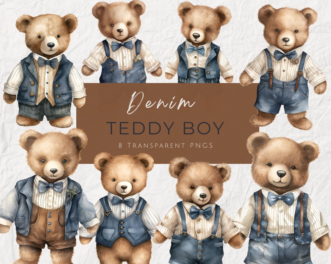 Vintage Boy Teddy Bear Clipart, Watercolor Teddy Boy Nursery Clipart ...