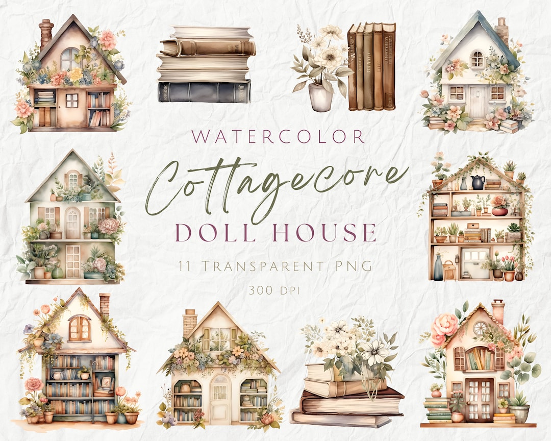 Watercolor Cottagecore Doll House Clipart Pack, Miniature Flower House ...